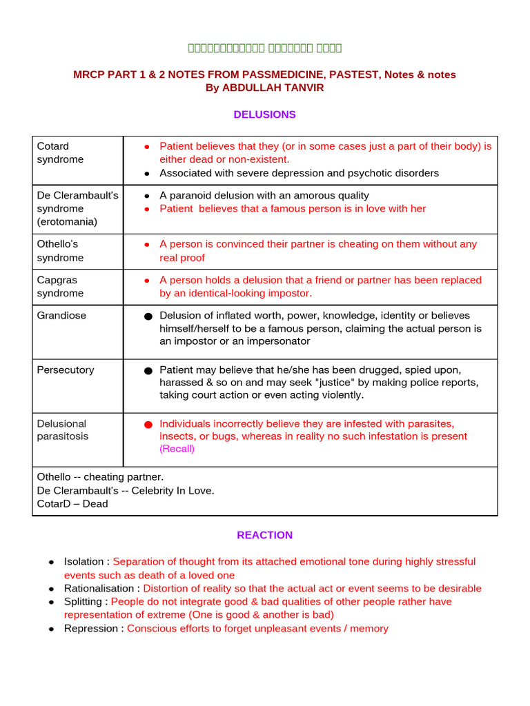 MRCP Psychiatry Notes: Delusions & Dementia | PDF | Dementia ...