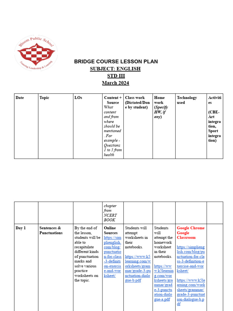 English Class 3 Bridge Course | PDF | Worksheet | Linguistic Typology