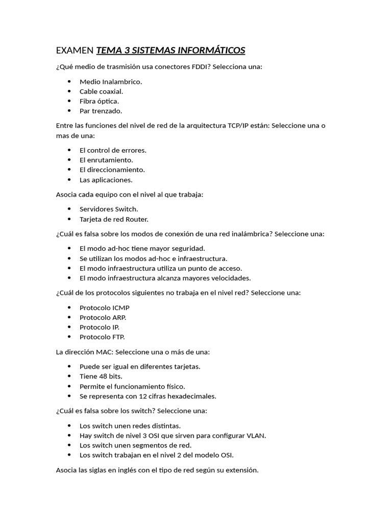 DAM Examen Tema 3 Sistemas Informáticos | PDF | Red de computadoras | Conmutador de red