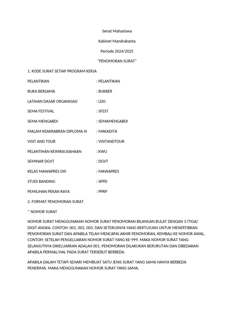 Penomoran Surat Senat Mahasiswa 2024 | PDF