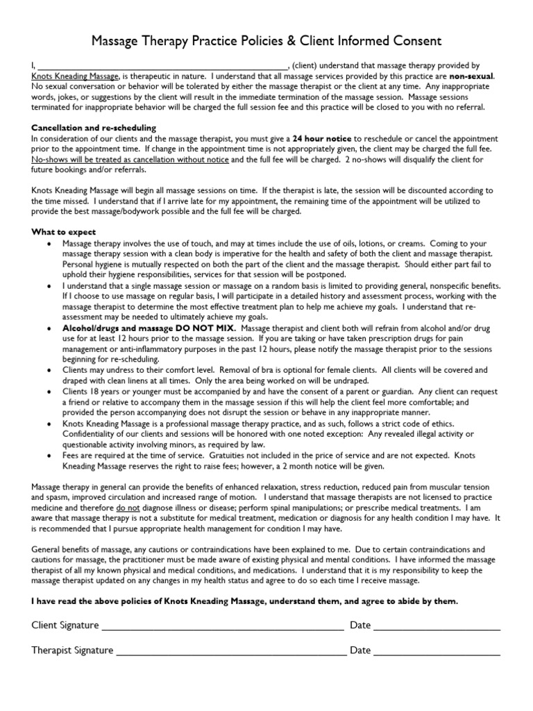 Massage Therapy Practice Policies & Client Informed Consent: Non-Sexual ...