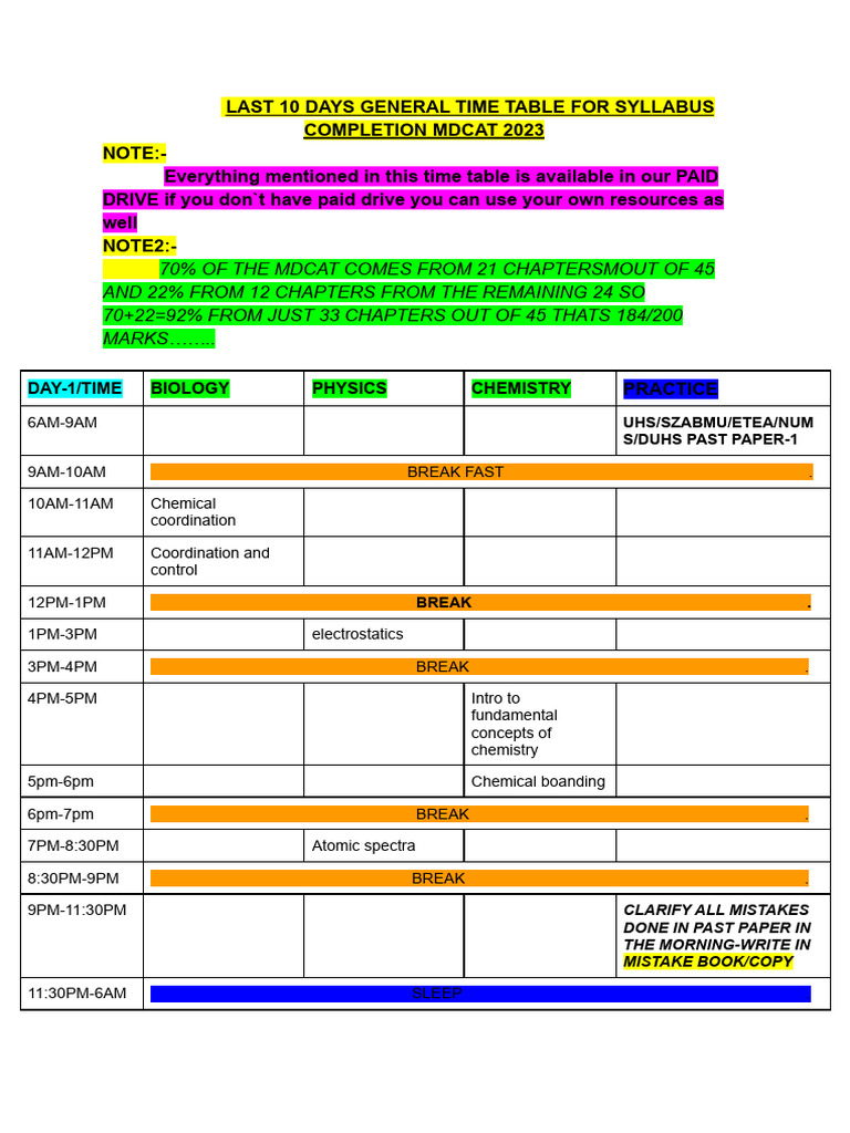 Last 10 Days General Time Table | PDF | Chemistry | Biology