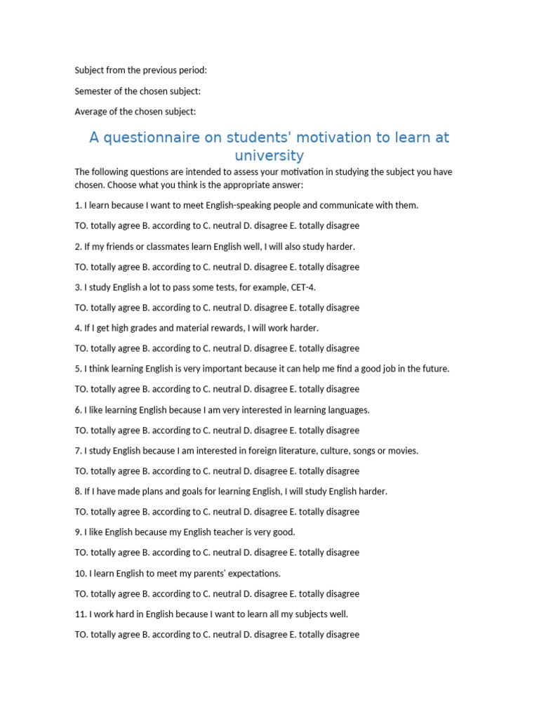 Student Motivation Questionnaire for English | PDF