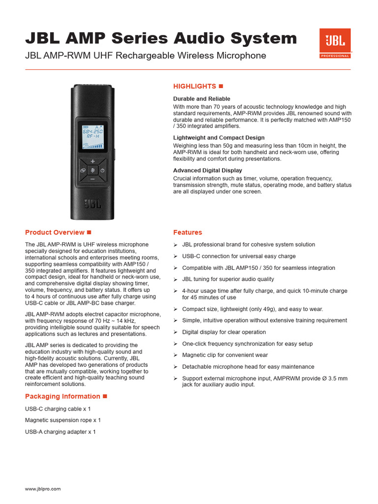 JBL-AMPRWM_ spec sheet_EN | PDF | Microphone | Amplifier