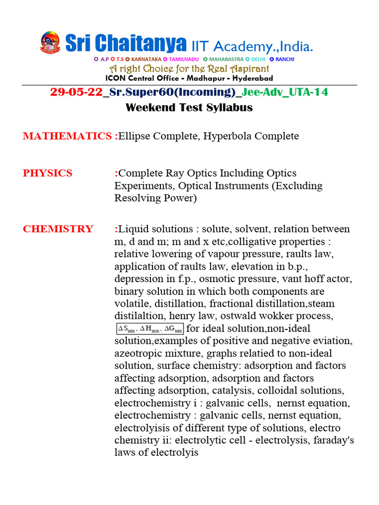 Weekend Test Syllabus for IIT Aspirants | PDF