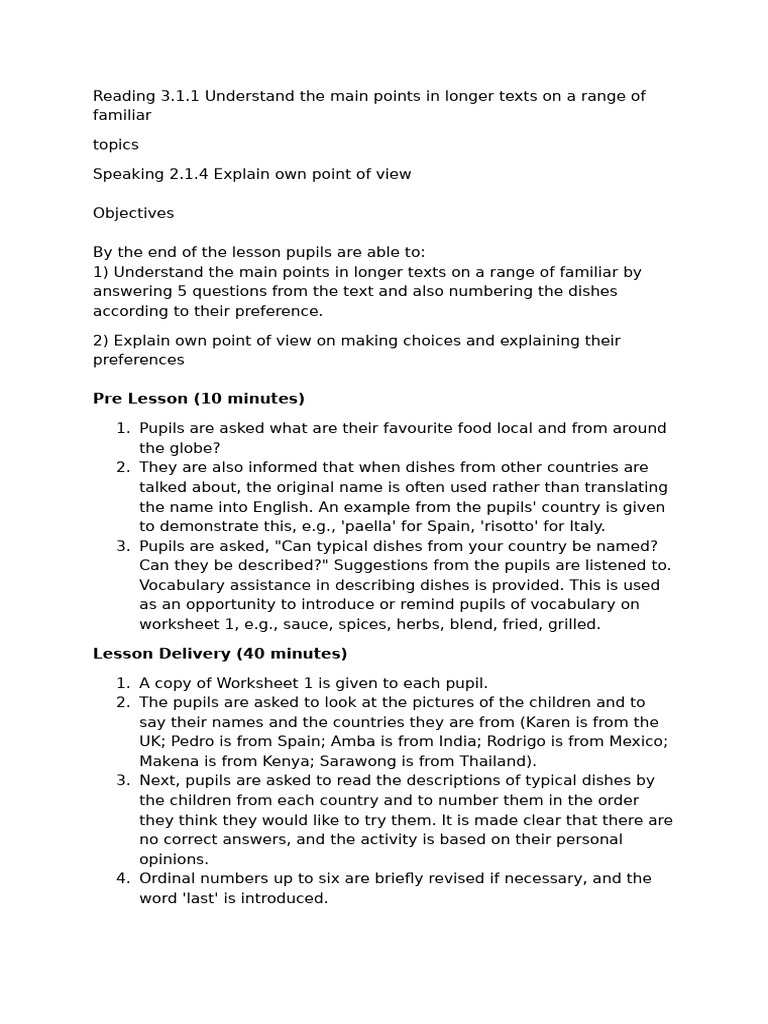 Global Food Preferences Lesson Plan | PDF | Foods