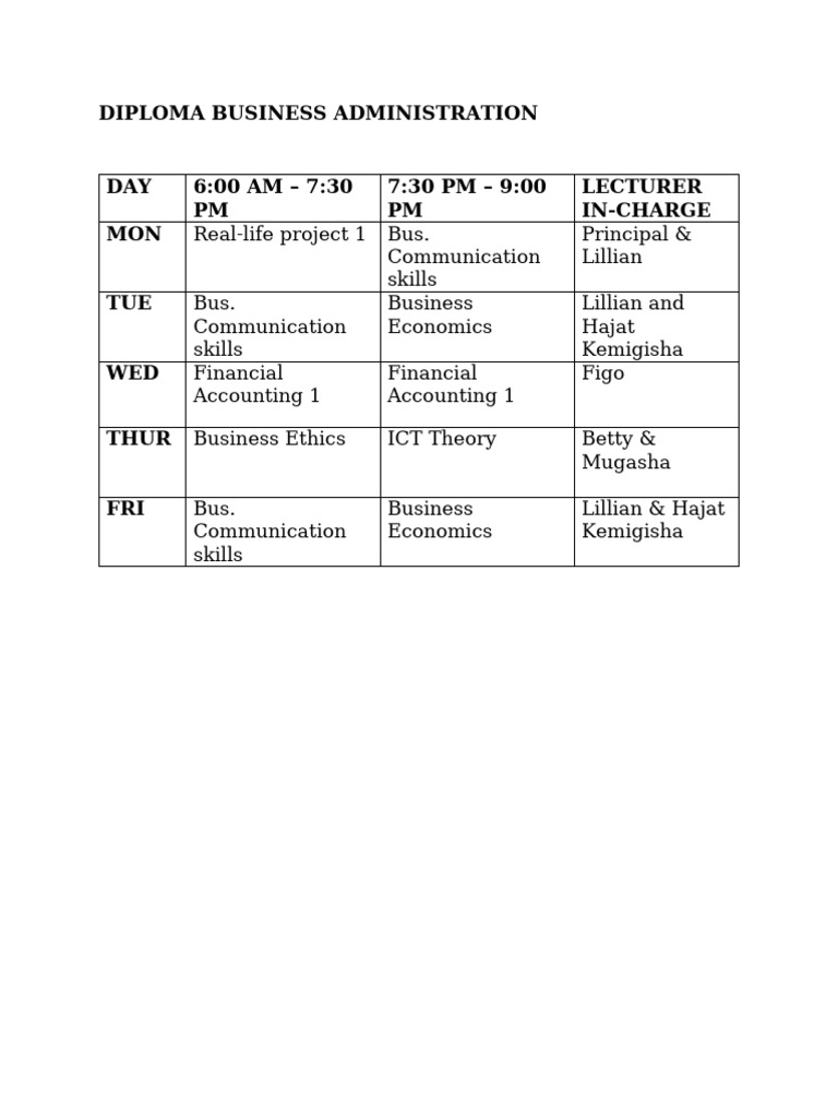 DBA - Time Table Semester 1 | PDF