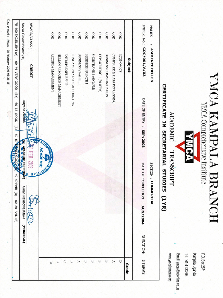 Asekenye Hellen - Academic Transcript YMCA | PDF