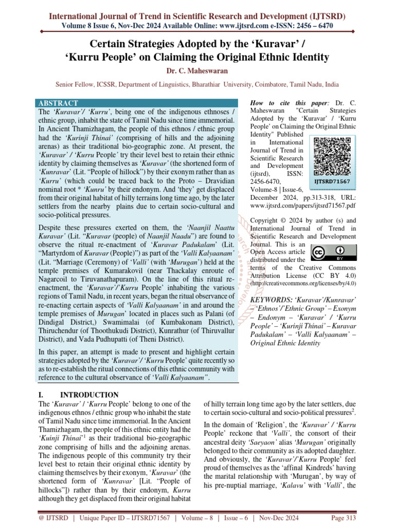 Certain Strategies Adopted by The Kuravar' Kurru People' On Claiming ...