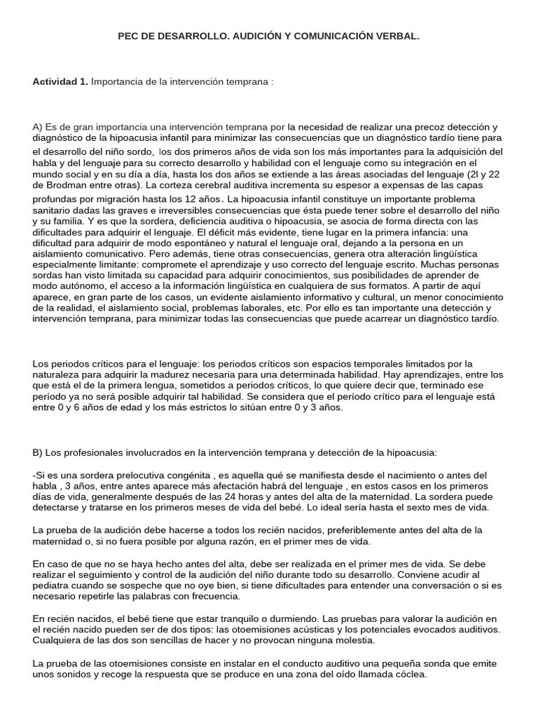 Trabajo Audicion y Comunicacion Verbal Pec Desarrollo | PDF | Lingüística