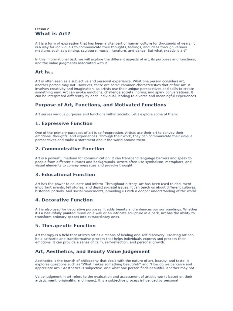 Understanding Art: Purpose and Functions | PDF | Aesthetics | Beauty