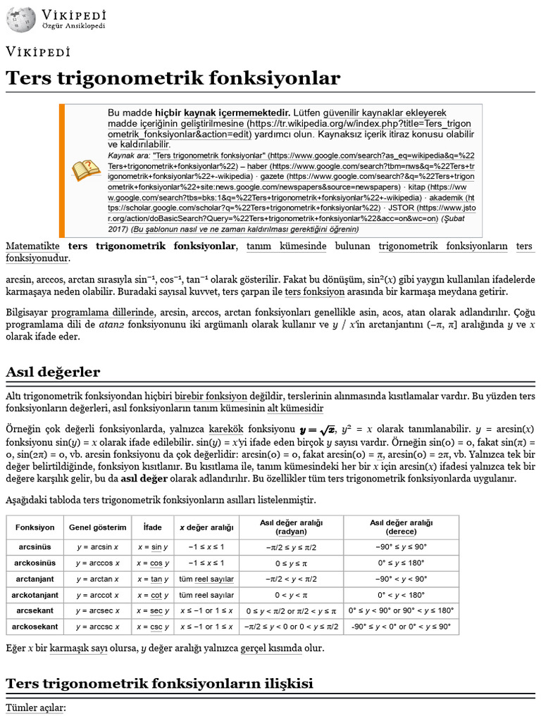 Ters Trigonometrik Fonksiyonlar: Asıl Değerler | PDF