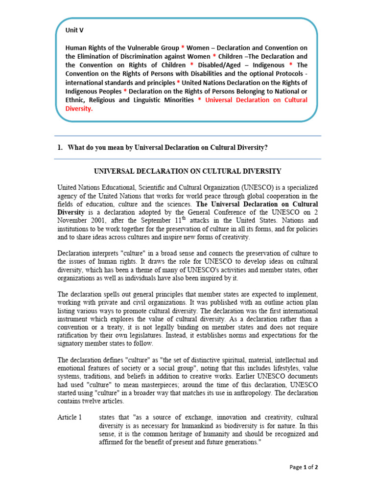 Universal Declaration On Cultural Diversity. | PDF | Cultural Diversity ...