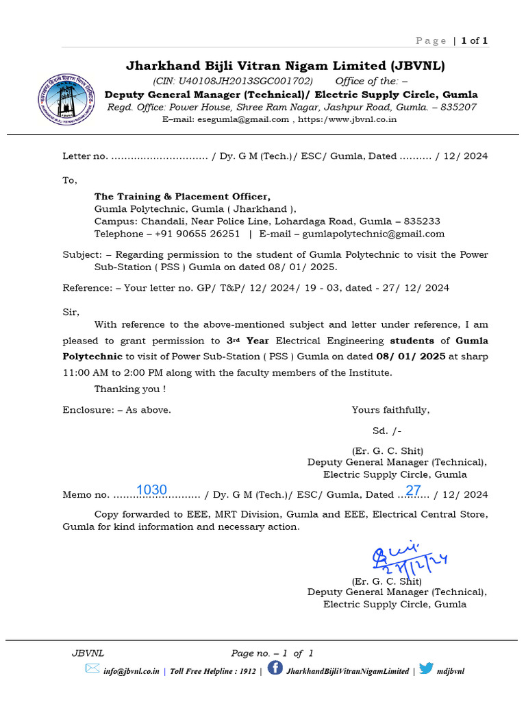 Cc-1 of 1030 - 27-Dec.'24 - Visit Permission - Polytechnic, Gumla | PDF