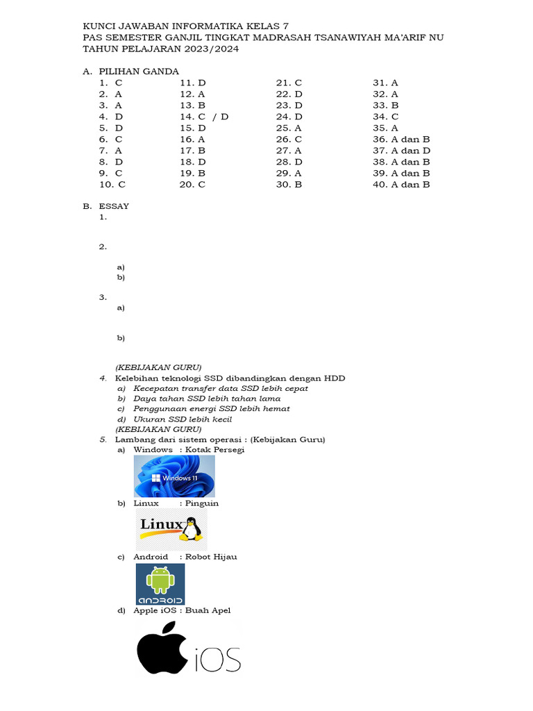 Kunci Jawaban Pas Informatika Kelas 7 Ganjil 2023-2024 | PDF