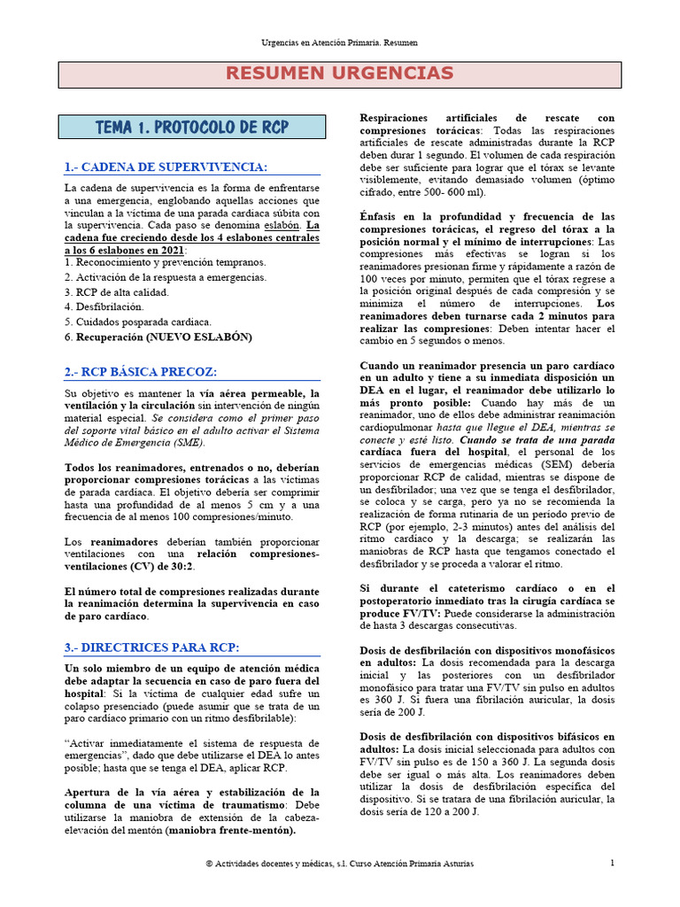 Tema 1. Protocolo de RCP: Resumen Urgencias | PDF | Reanimación cardiopulmonar | Paro cardíaco