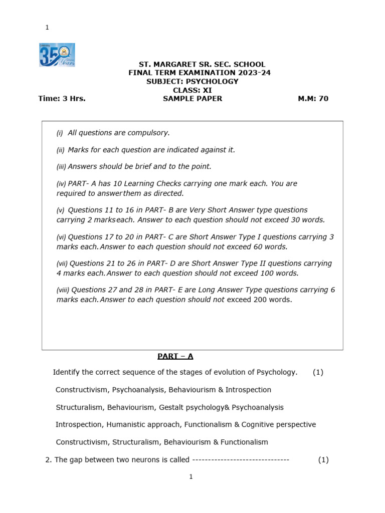 Class XI Sample Paper 23 24 | PDF | Psychology | Socialization