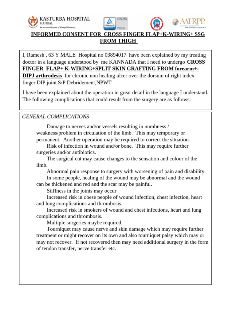 Informed Consent For Cross Finger Flap | PDF | Wound | Surgery