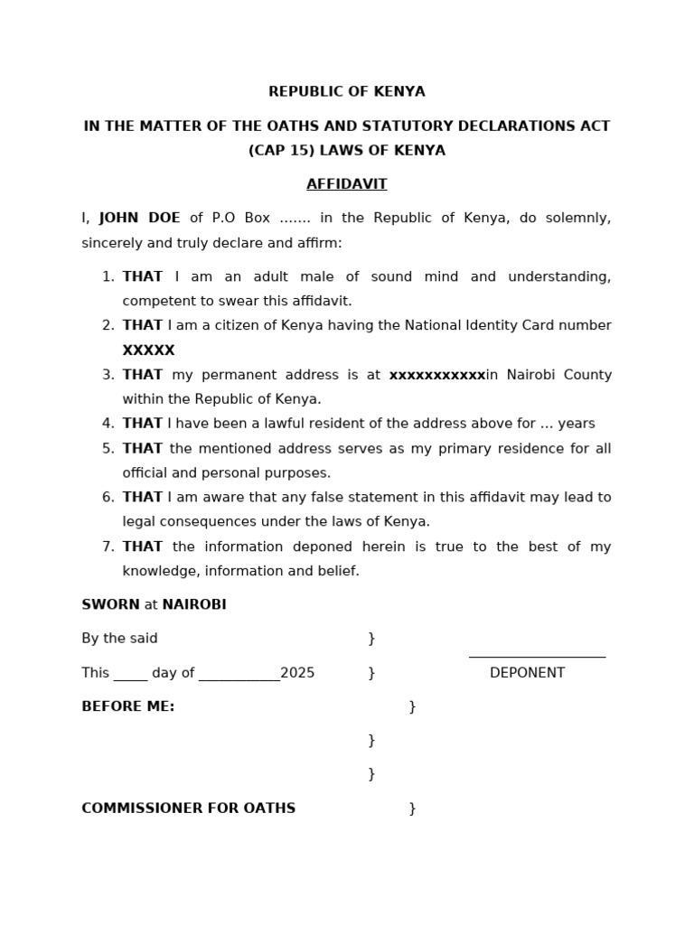 Affidavit of Residence Sample Kenya | PDF
