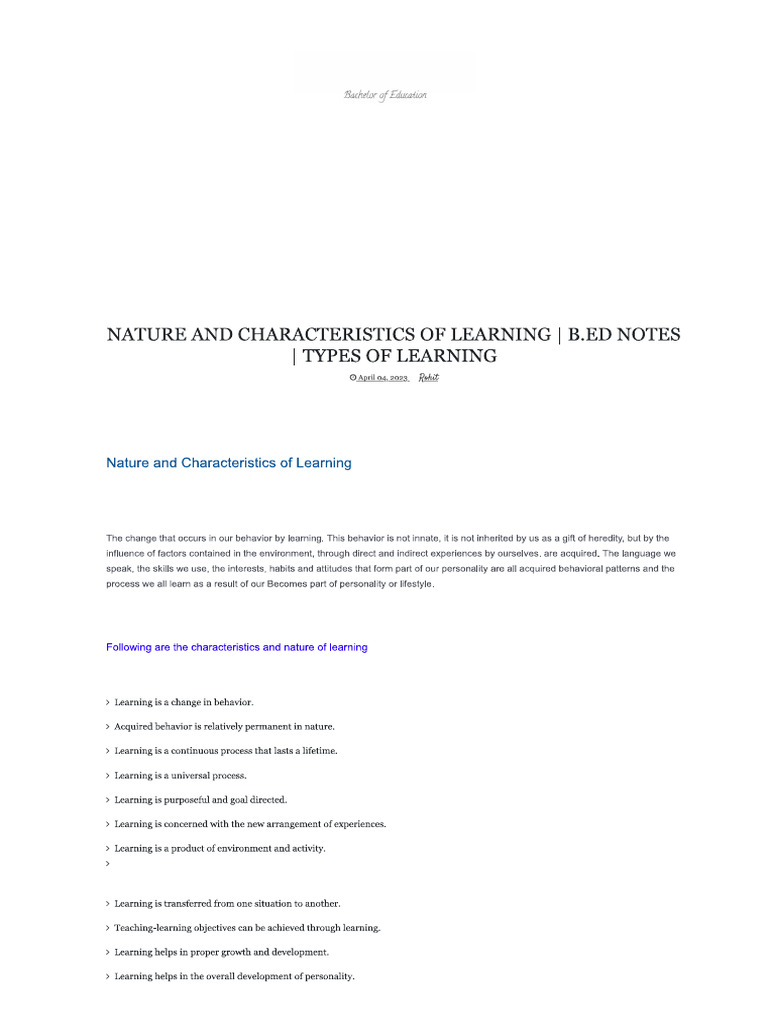 Characteristics of Learning (B.ed) | PDF