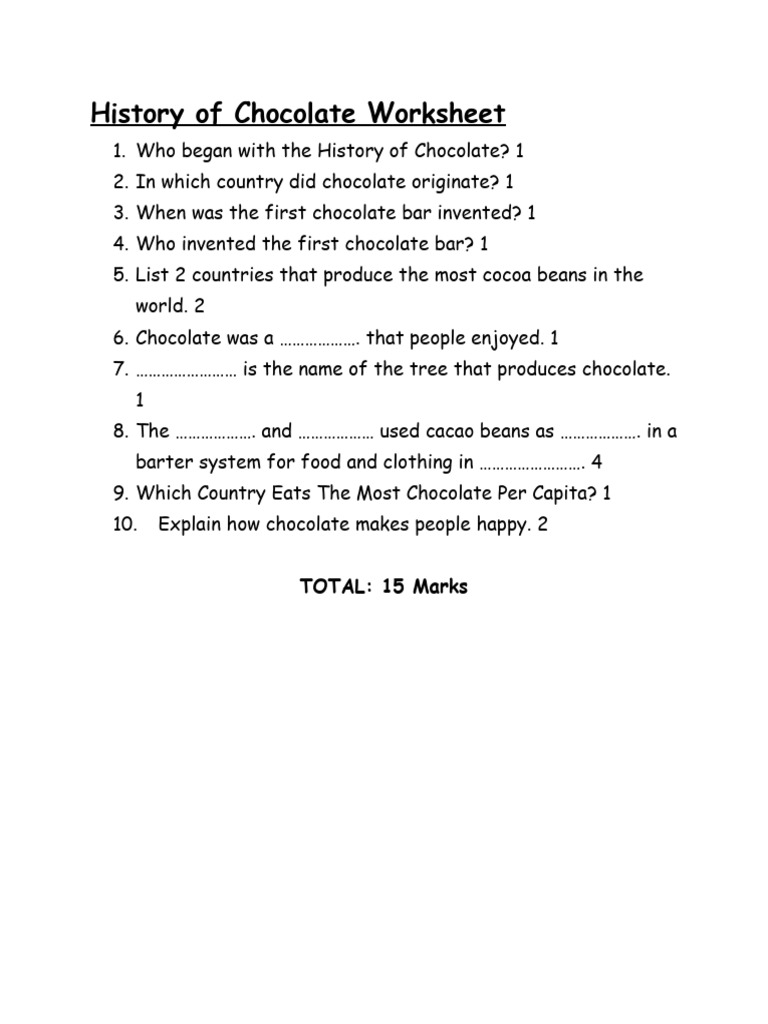 History of Chocolate Worksheet | PDF