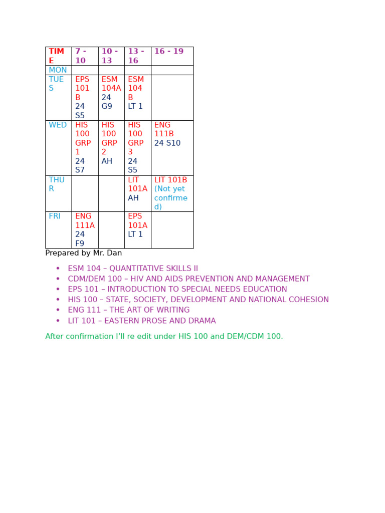 English and Literature Timetable | PDF