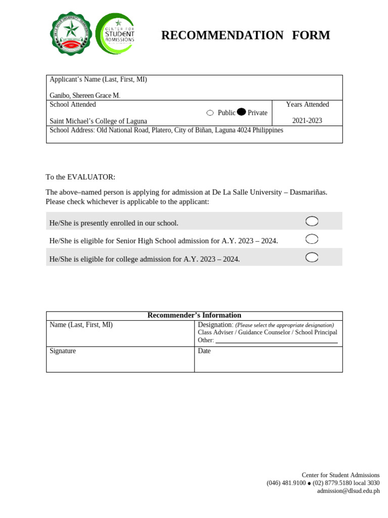 DLSUD - SHS & College Freshmen Recommendation Form - FINAL | PDF