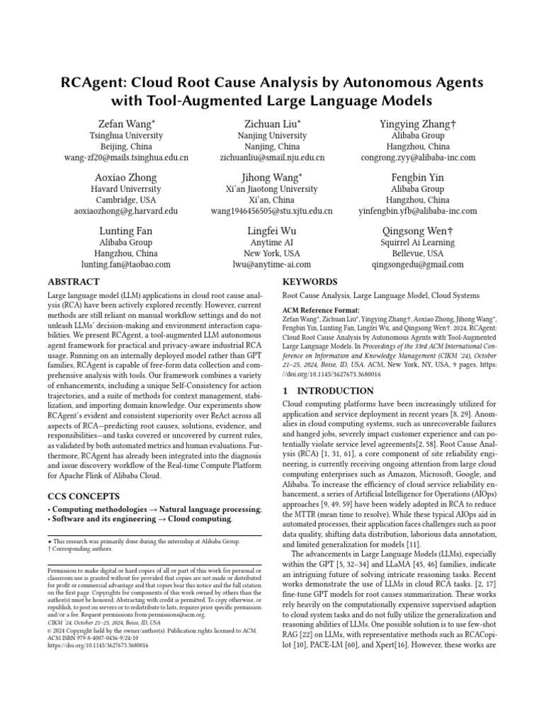 RCAgent - Cloud Root Cause Analysis by Autonomous Agents With Tool-Augmented Large Language ...