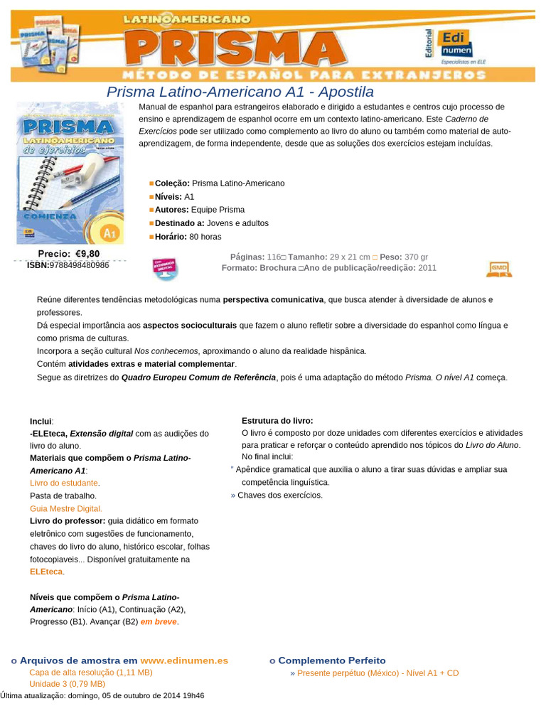 Prisma Latinoamericano A1 Livro de Exercícios PDF | PDF | Livros | Espanhol (idioma)