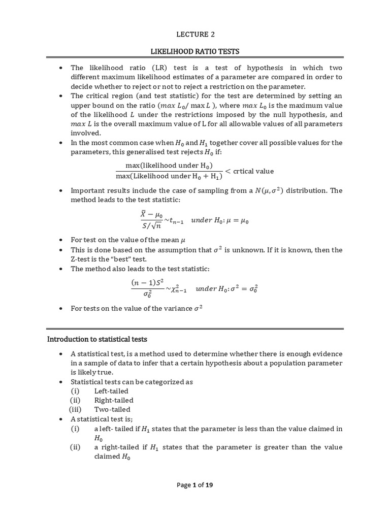 Lecture 2 Formulation Hypothesis Likelihood Ratio Tests And Basic 2049