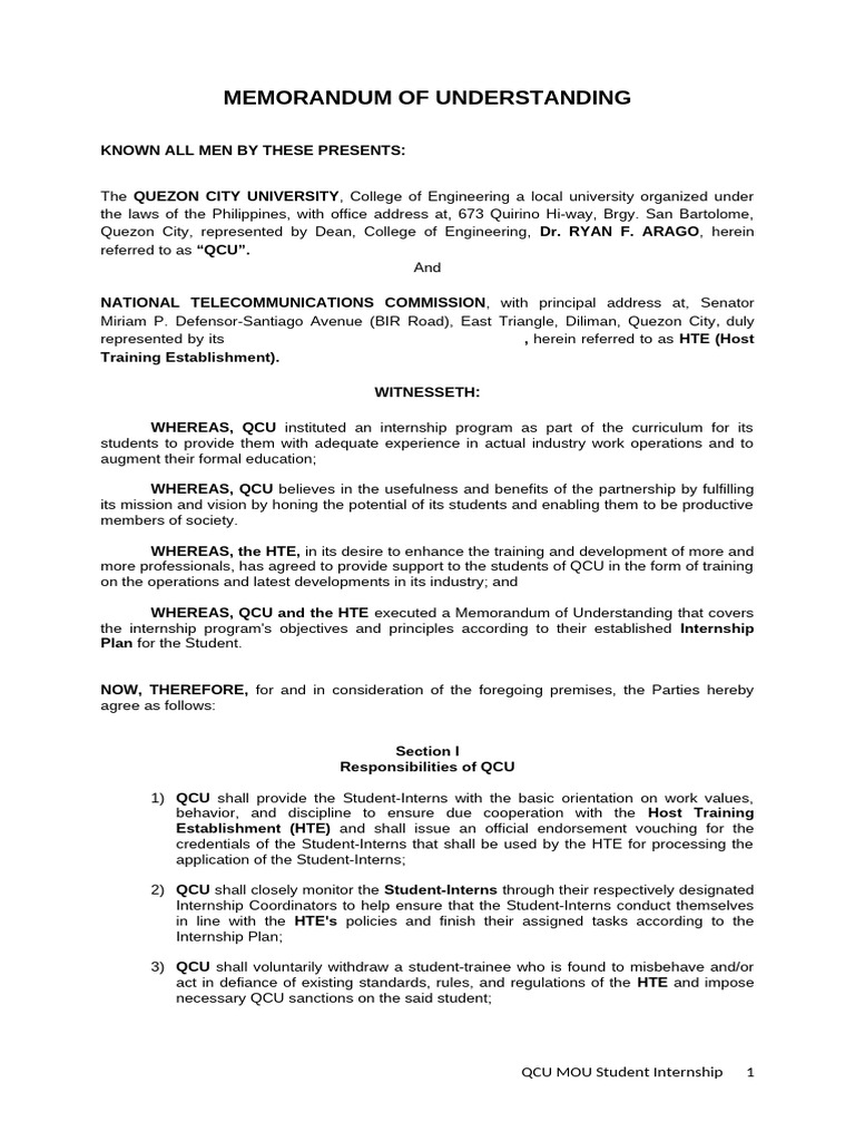 Memorandum of Understanding: QCU MOU Student Internship 1 | PDF ...