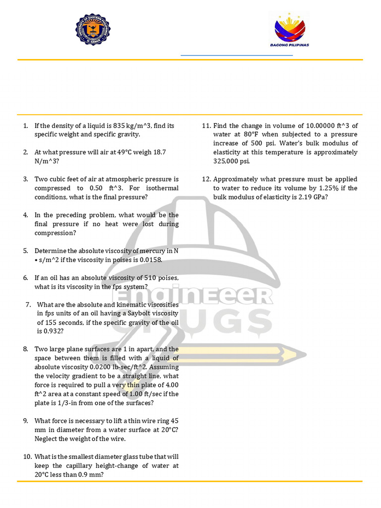 Hydraulics (Problem Set 2) | PDF | Pressure | Viscosity