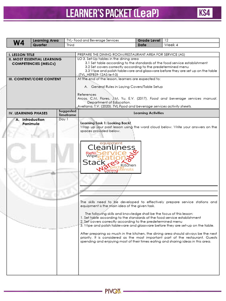 FBS Week 4 Grade 11 12 Leap | PDF | Restaurants | Learning