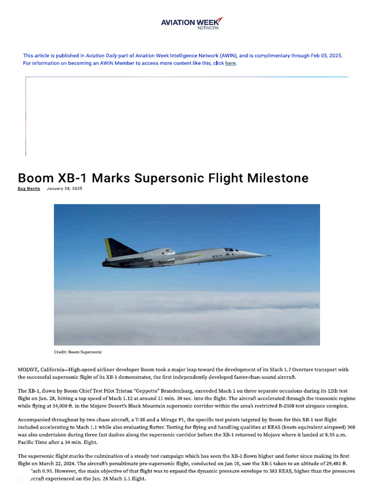 Boom XB-1 Marks Supersonic Flight Milestone, Aviation Week Network | PDF