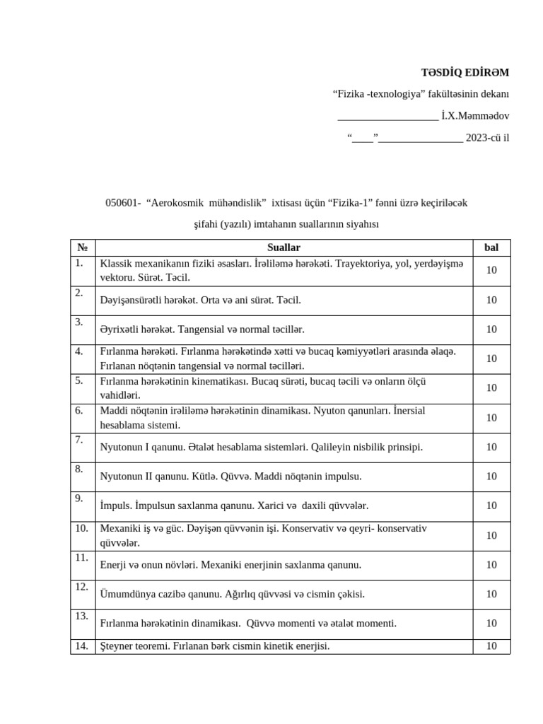 Imtahan Suallar Aerokosmik | PDF