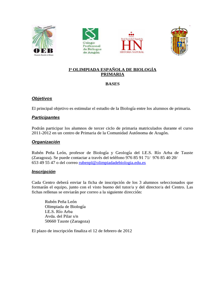 Olimpiada Biología Primaria Aragón 2012 | PDF | Biología | Biología Celular