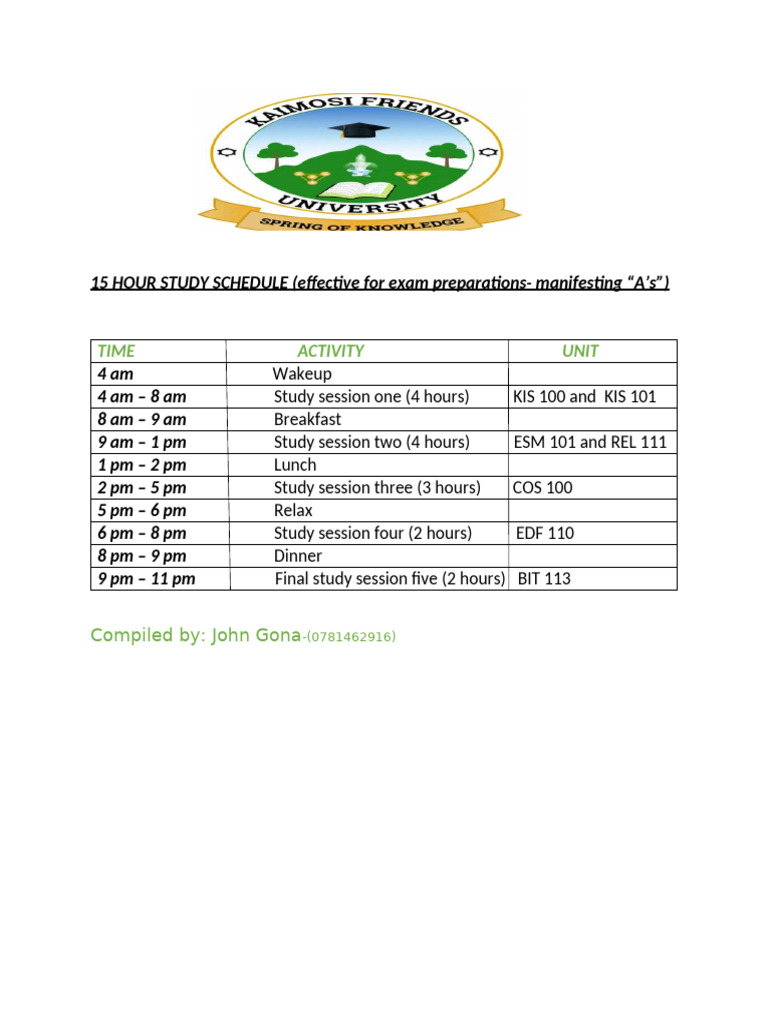 15 HOUR STUDY SCHEDULE(STUDY TIME TABLE FOR 1ST YEAR KISWAHILI STUDENTS ...