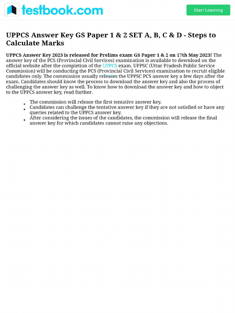 UPPCS Answer Key GS Paper 1 & 2 SET A, B, C & D - Steps To Calculate ...