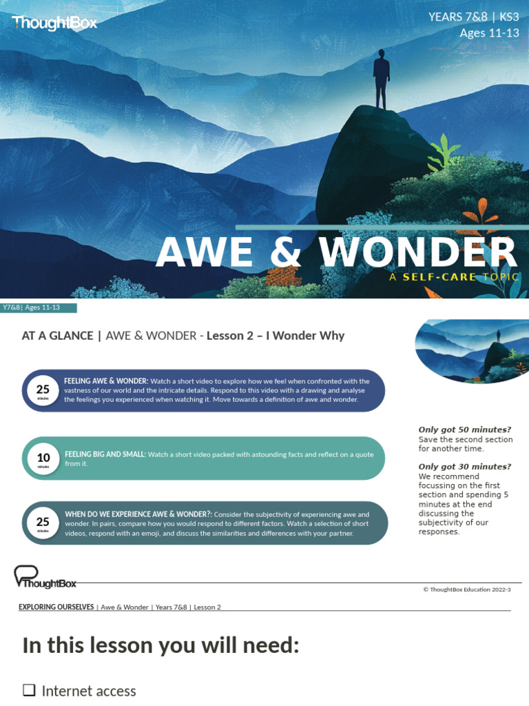 Awe & Wonder Lesson for Ages 11-13 | PDF | Psychology | Emotions