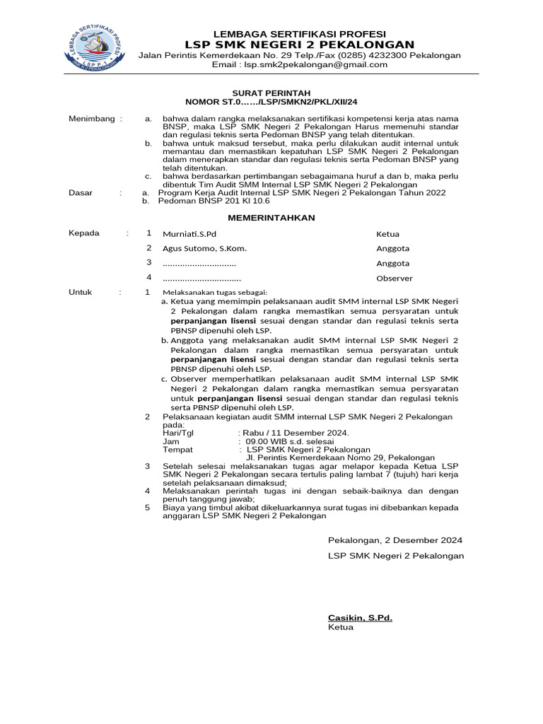 Audit SMM Internal LSP SMK 2 Pekalongan | PDF