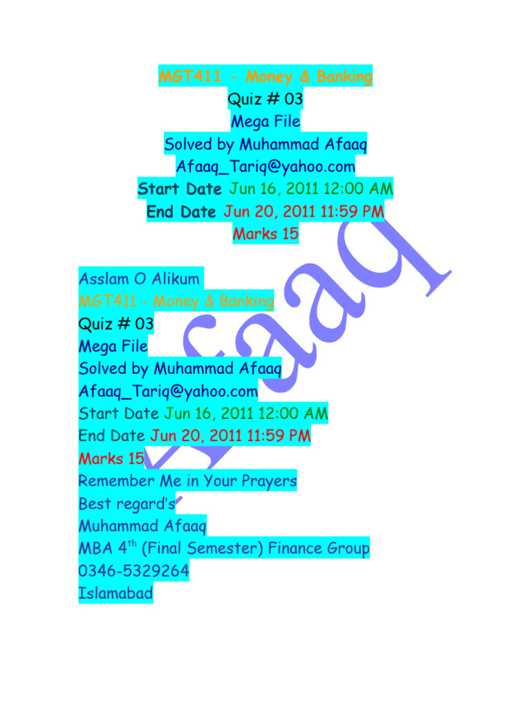 Mgt411 Current Quiz # 3 Mega File Solved by Afaaq | PDF | Bonds (Finance) | Money Supply