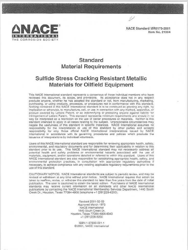 NACE MR0175-2001 | PDF