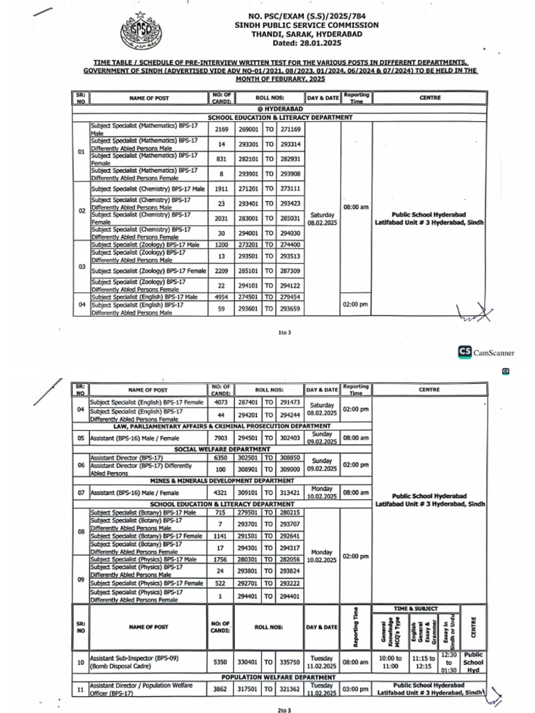 SPSC Time Table For The Post of ASI, Assistant, Subject Specialist, Assistant Director and ...