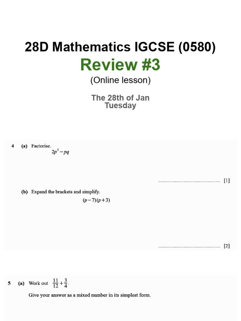 28D Mathematics IGCSE (0580) Review #3 (Online Lesson) | PDF