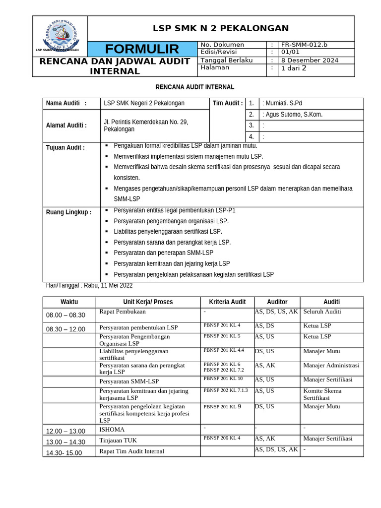 4.b. FR-SMM-012b - Rencana Audit Internal | PDF