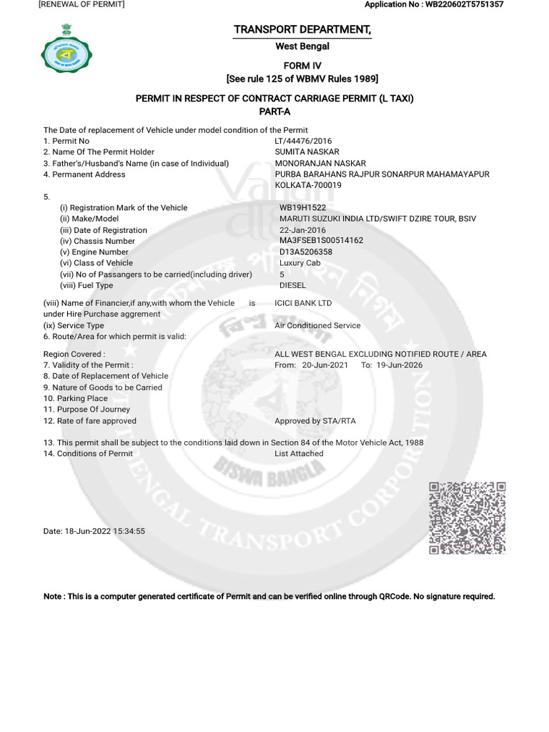 Wb19h1522 Permit Part 'A'-1 | PDF | Transport | Motor Vehicle