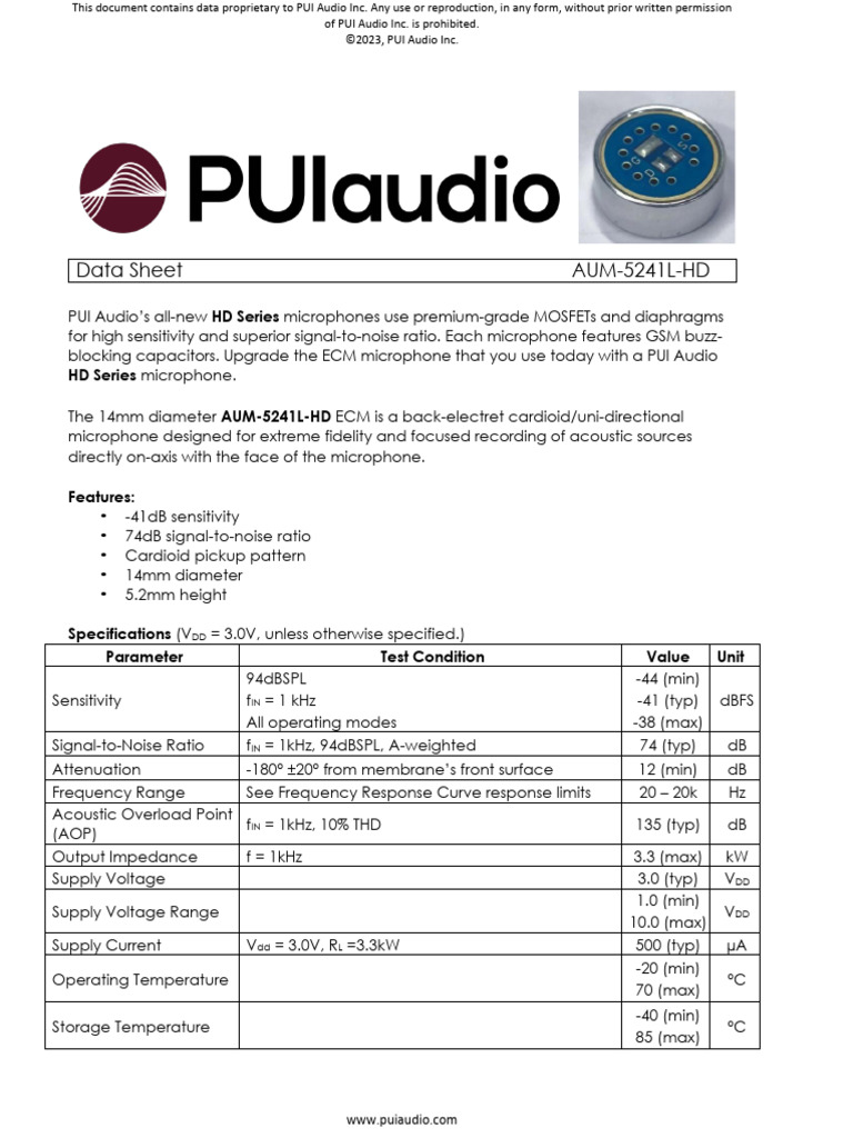 PUI audio datasheet | PDF | Microphone | Electrical Components