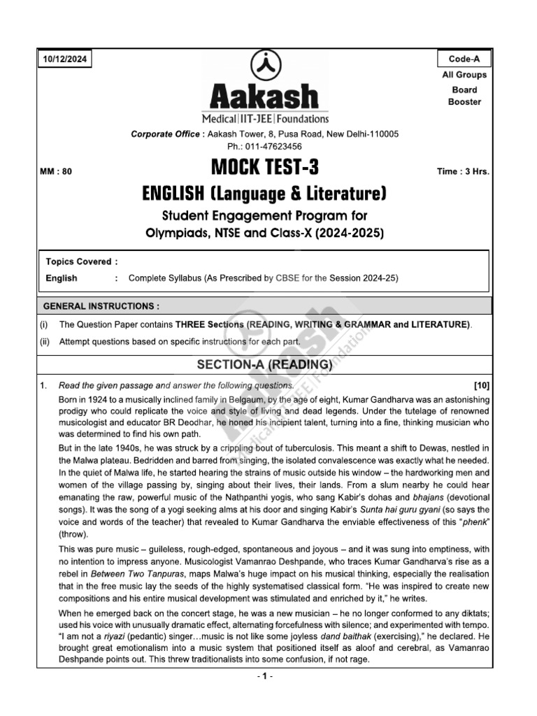 SEP - CBSE Mock Test-3A - (C-10) - English (Lang & Lit) (10!12!2024) | PDF