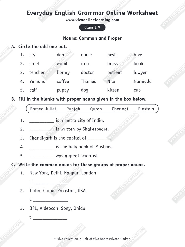 Everyday English Grammar Worksheet for Class IV | PDF | Grammatical ...
