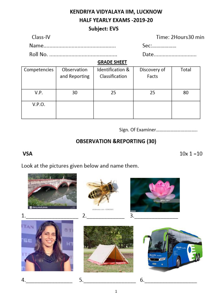 KV Class 4 Half Yearly Previous Year Question Paper 2020 EVS | PDF ...